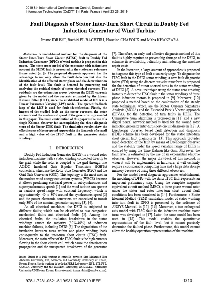 2019 Fault Diagnosis Of Stator Inter Turn Short Circuit In Doubly Fed Induction Generator Of 4570