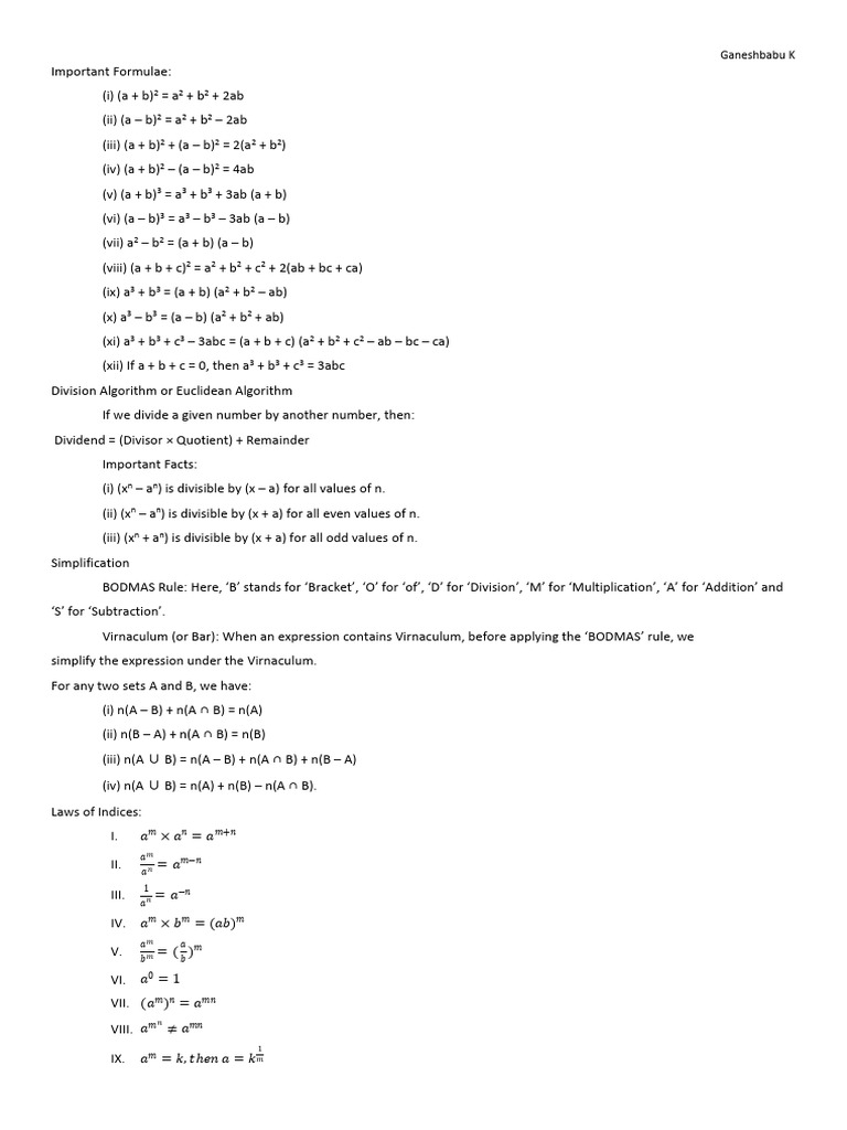 Formula | PDF | Numbers | Abstract Algebra