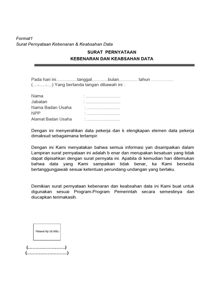 Surat Pernyataan Kebenaran Dan Keabsahan Data | PDF