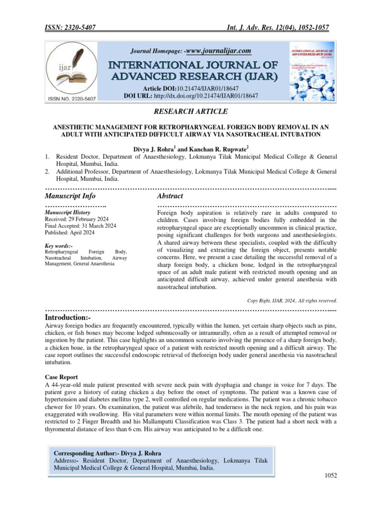 Anesthetic Management For Retropharyngeal Foreign Body Removal In An Adult With Anticipated