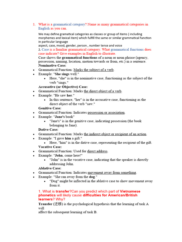 English Grammatical Categories & Cases | PDF | Verb | Linguistics