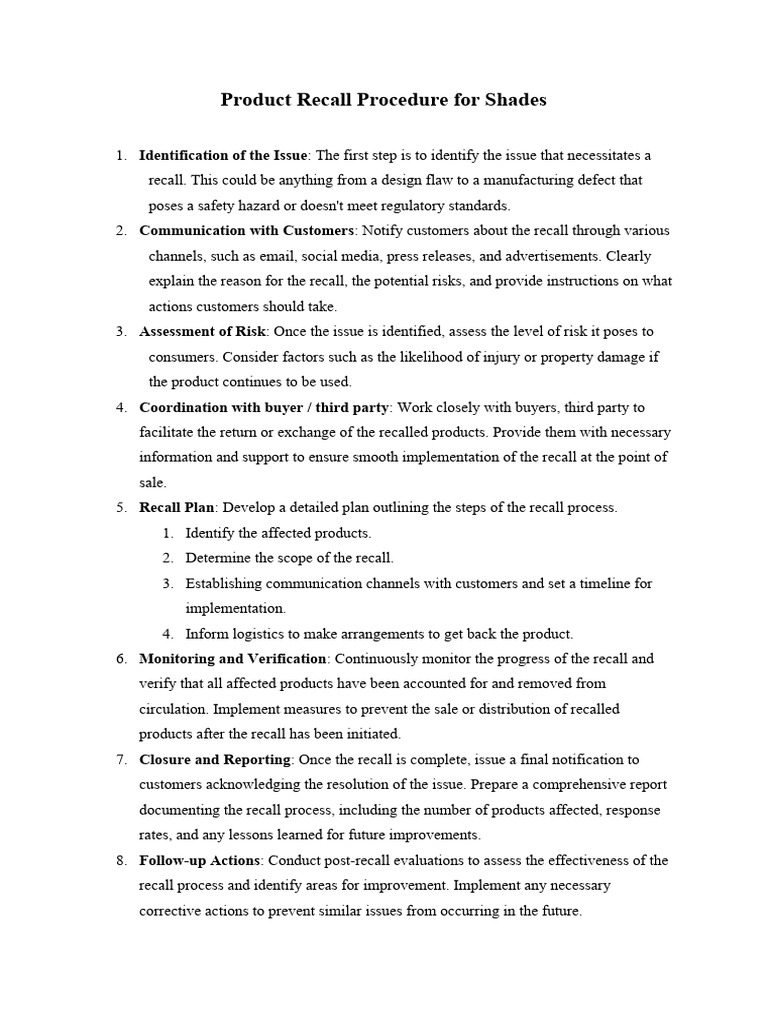 Product Recall Procedure For Shades | PDF | Risk | Safety