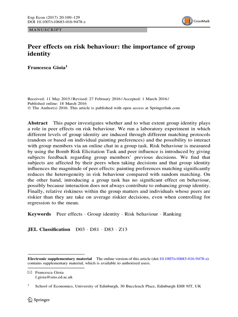 Peer Effects On Risk Behaviour The Importance of Group Identity | PDF | Risk | P Value