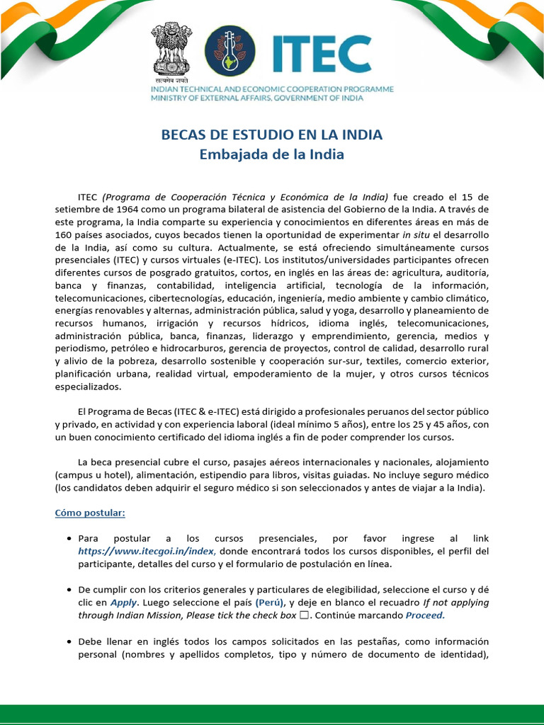 Becas de Estudio en La India - ITEC | PDF | Documento de identidad | Economias