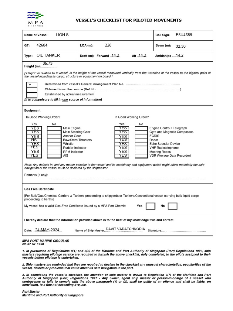 Mpa Vessel's Checklist | Download Free PDF | Ships | Maritime Pilot