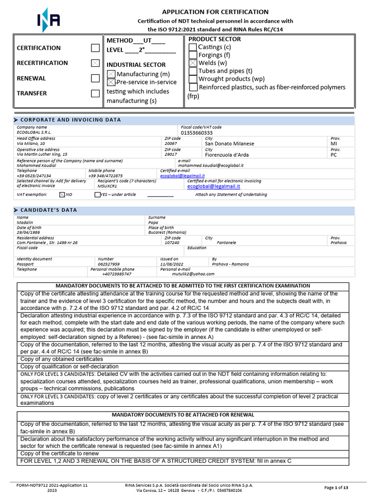 01 FORM-NDT9712 2021-Application 11 2023 | PDF | Nondestructive Testing