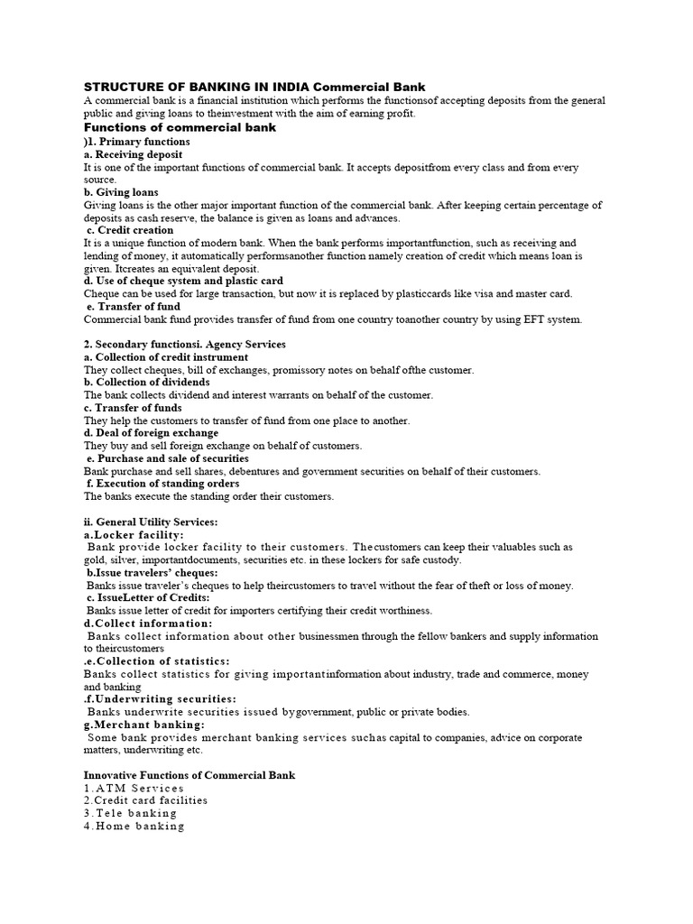 Functions of Commercial Banks in India | PDF | Banks | Cheque