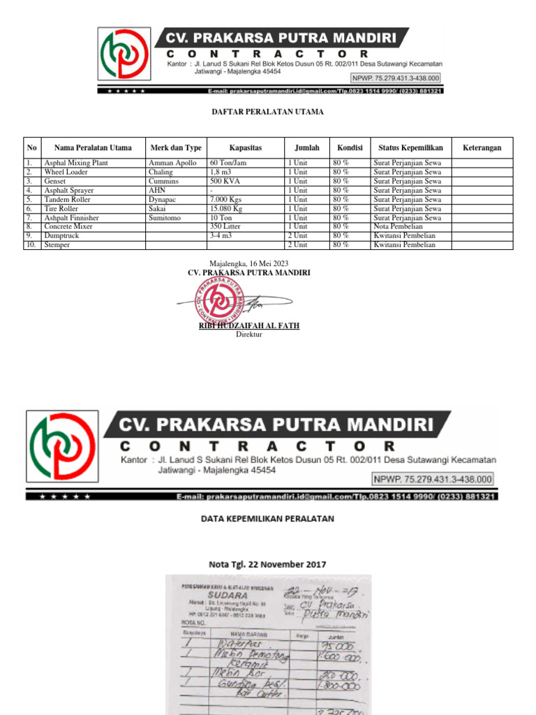 Daftar Peralatan CV. Prakarsa Mandiri | PDF
