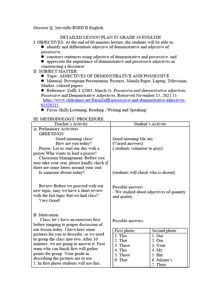 Geyrose Grammar Lesson Plan | PDF | Lesson Plan | Adjective