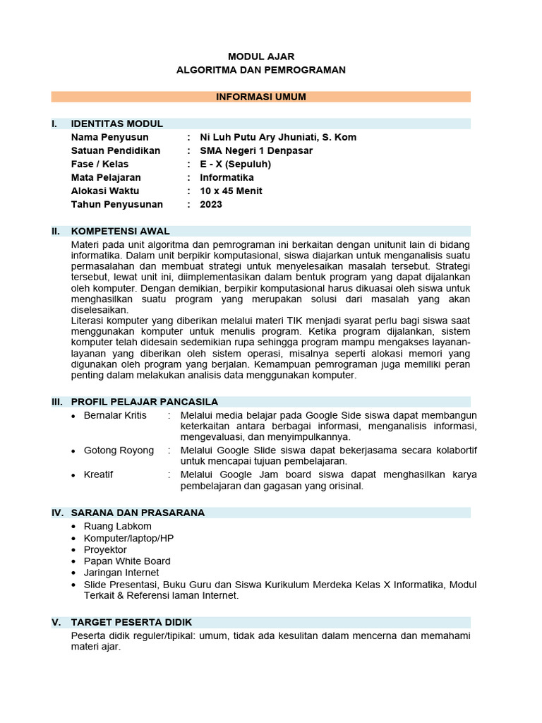 Modul Ajar Algoritma dan Pemrograman | PDF