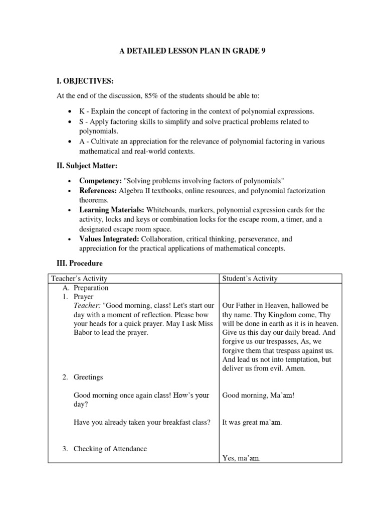A Detailed Lesson Plan in Grade 9 - Omnos | PDF | Factorization | Polynomial