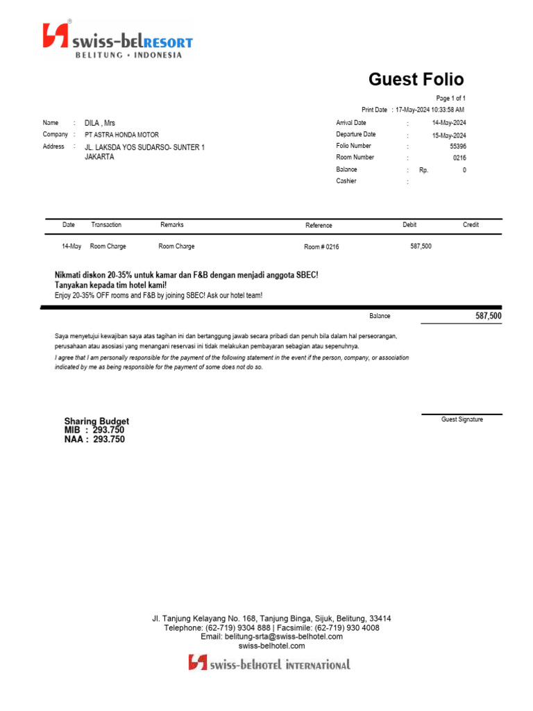 Nota Hotel Baim Mei 2024 | PDF