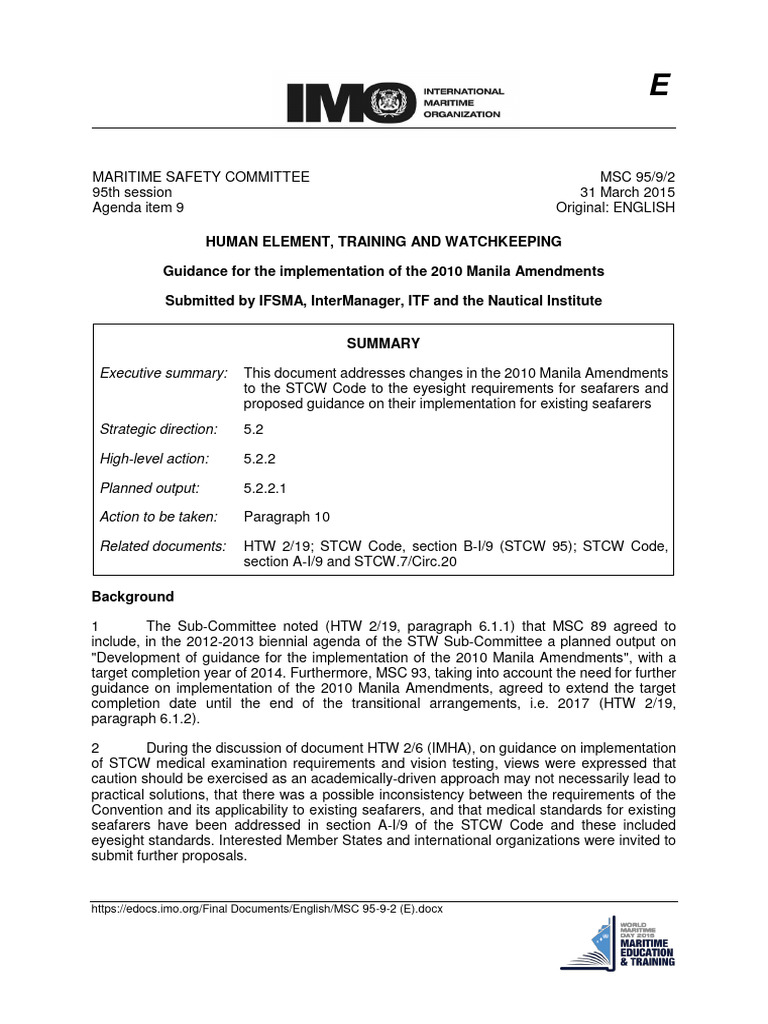 MSC 95-9-2 - Guidance For The Implementation of The 2010 Manila Amendments (IFSMA, InterManager ...