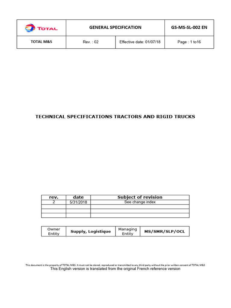 Appendix A - GS-MS-SL-002-EN - TechSpec Tractors Rigid Trucks v2 | PDF | Truck | Semi Trailer Truck