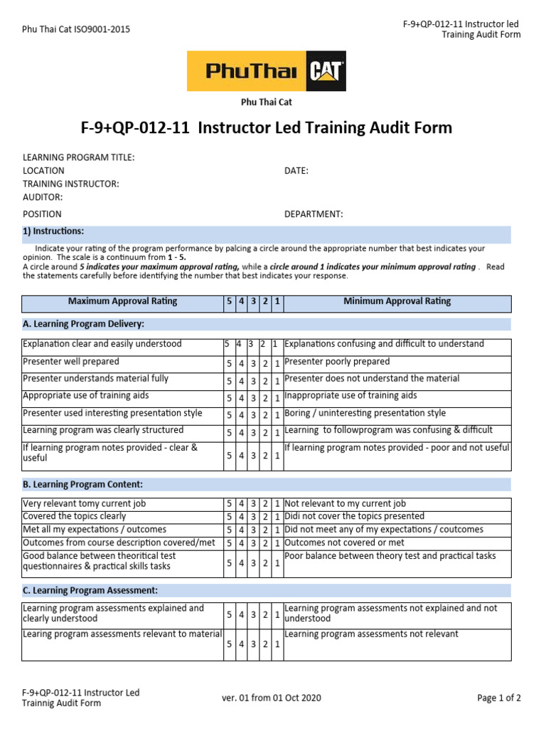 F-9+QP-012-11 Instructor Led Training Audit Form | PDF | Learning | Audit