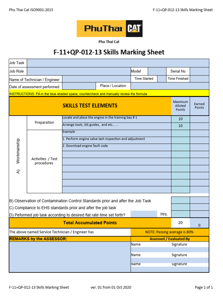 F 11+QP 012 13 Skills Marking Sheet | PDF