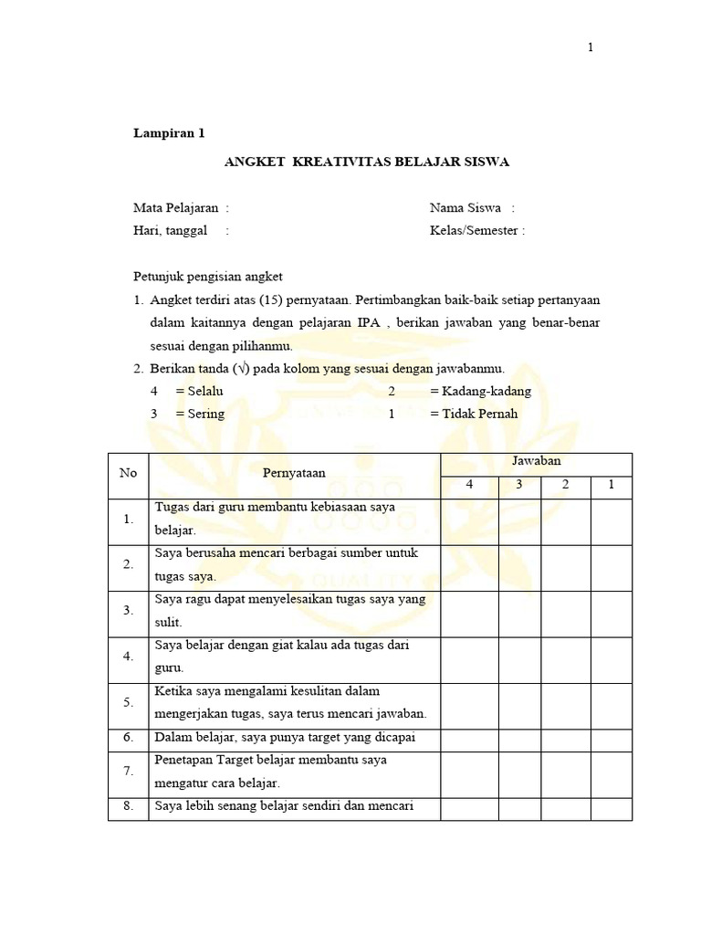 Instrumen Angket Kreativitasketerampilan Belajar Kelompok 5 | PDF