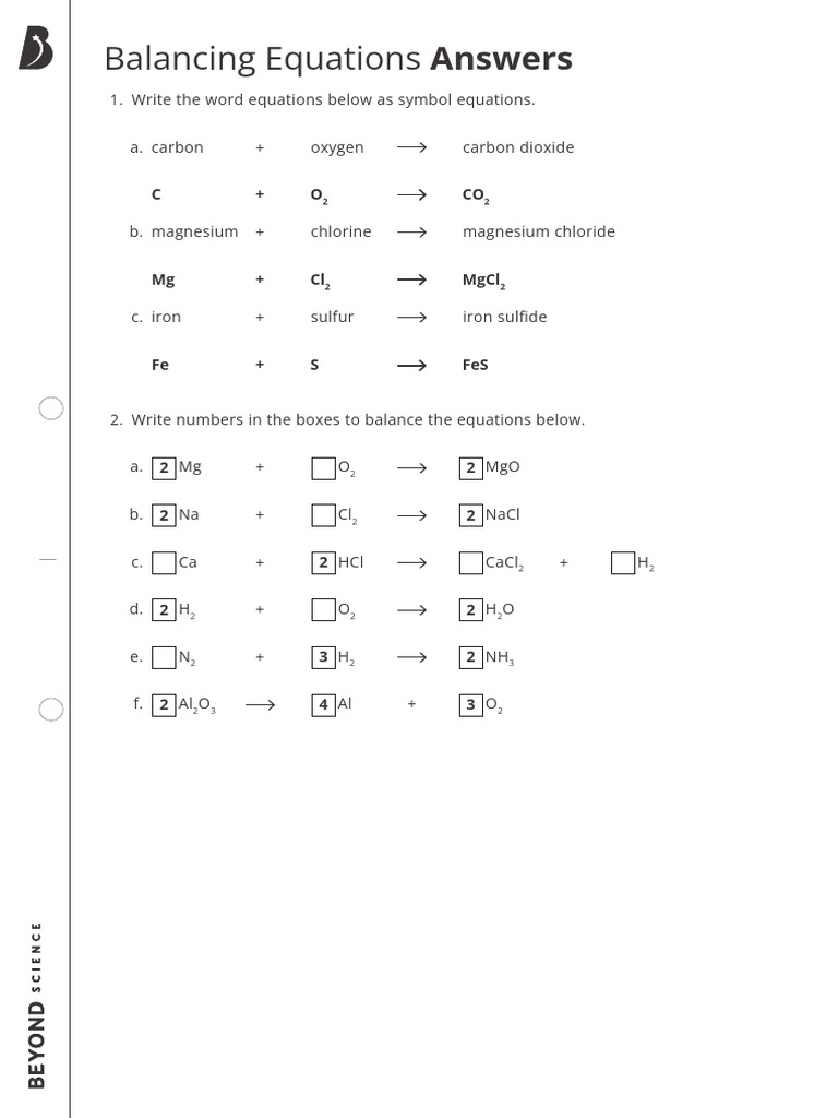 Balancing Equations Worksheet Support - Answers | PDF