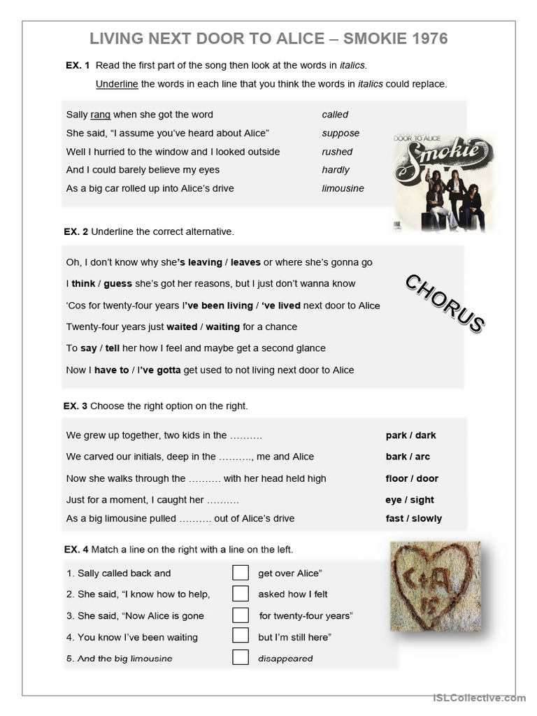 Living Next Door To Alice - Smokie - Song Activity | PDF | Language ...