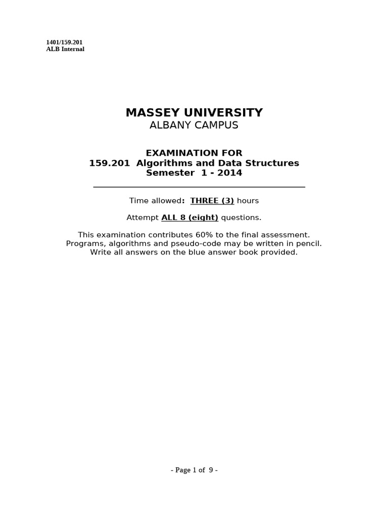 159.201 Algorithms and Data Structures - Massey - Exam - I10 - 1401 | PDF | Boolean Data Type ...