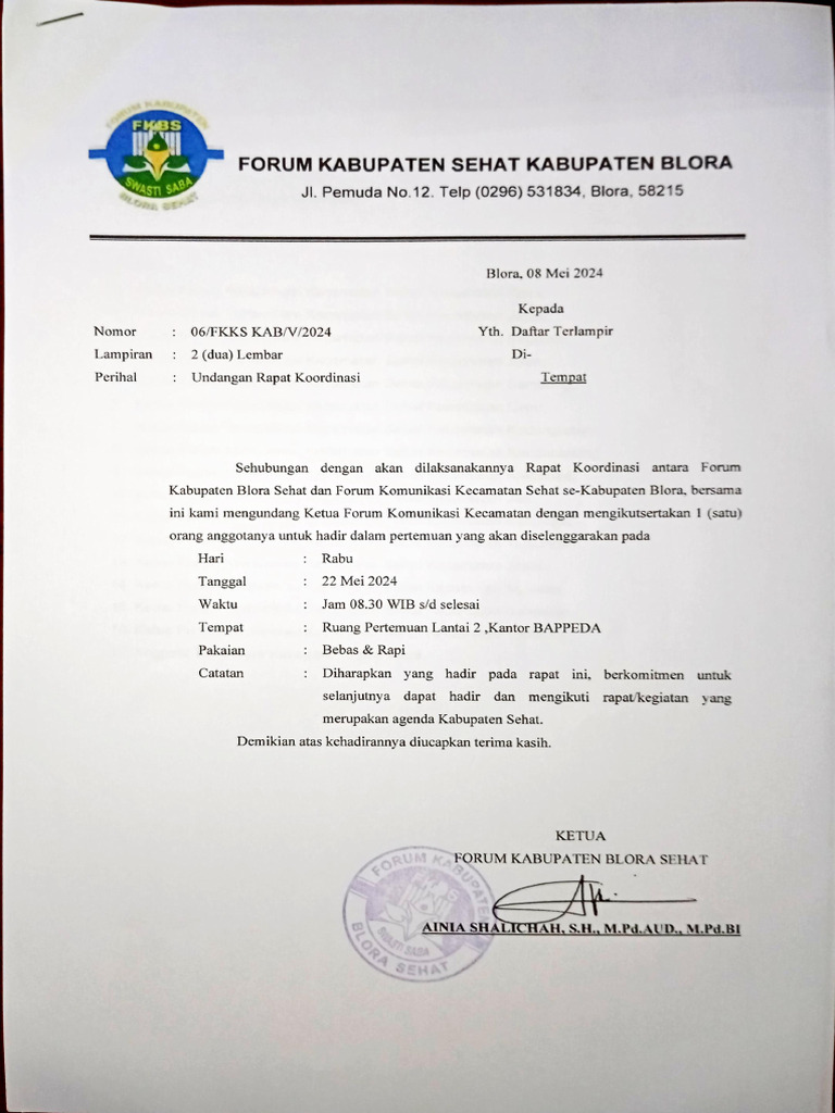 Undangan Rapat Koordinasi Fks Tanggal 22 Mei 2024 Pdf