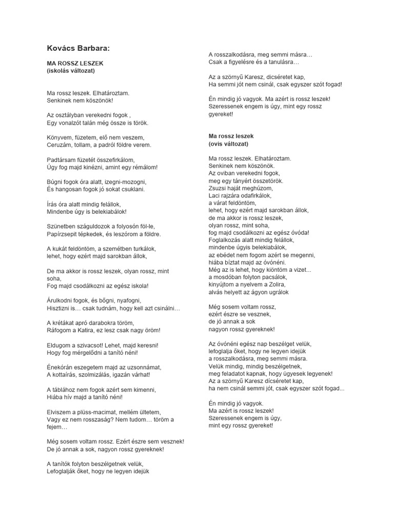 Kovács Barbara Ma Rossz Leszek Vers | PDF