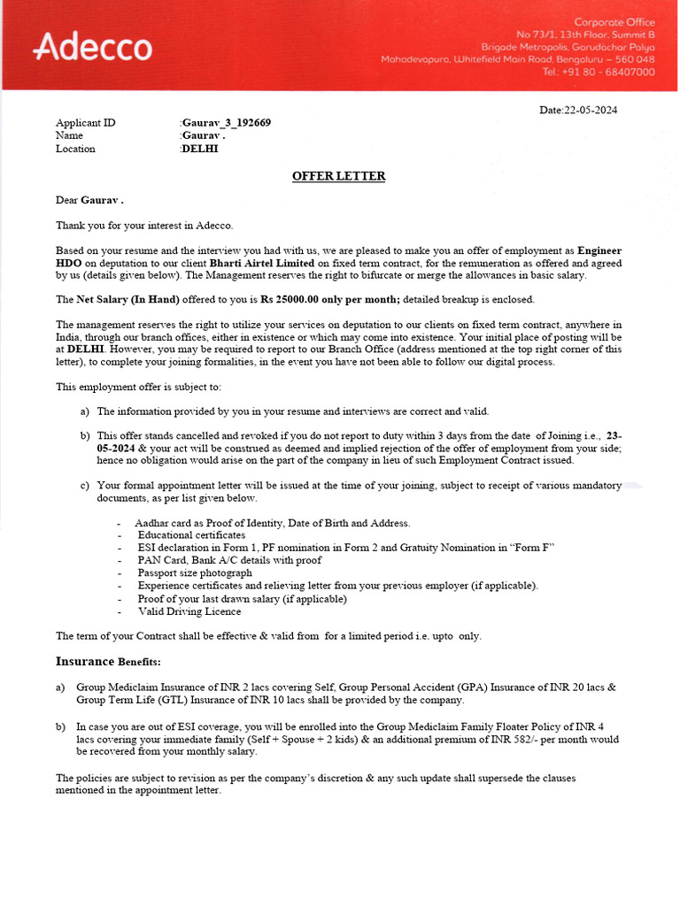 Gaurav 3 192669 Offer Letter | PDF | Employment | Information Privacy