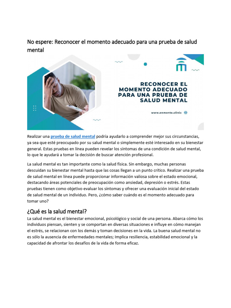 Reconocer El Momento Adecuado para Una Prueba de Salud Mental | PDF ...