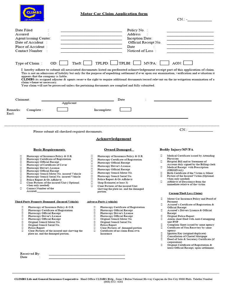Motor Car Claim Application Form | PDF | Vehicle Insurance | Private Law