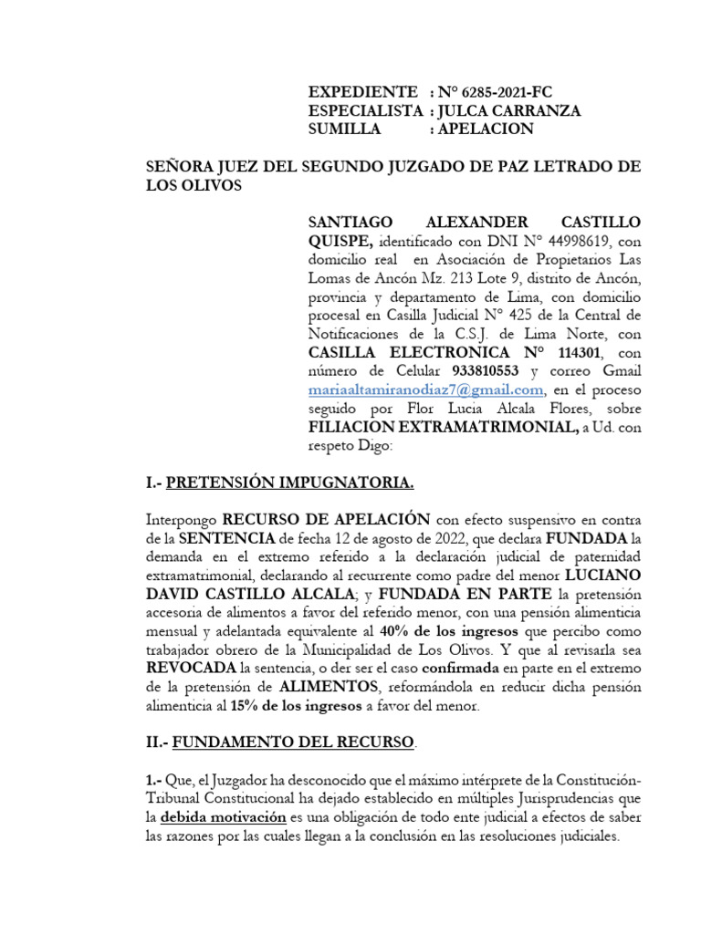 MODELO apelacion alimentos demandado | PDF | Apelación | Sentencia (ley)
