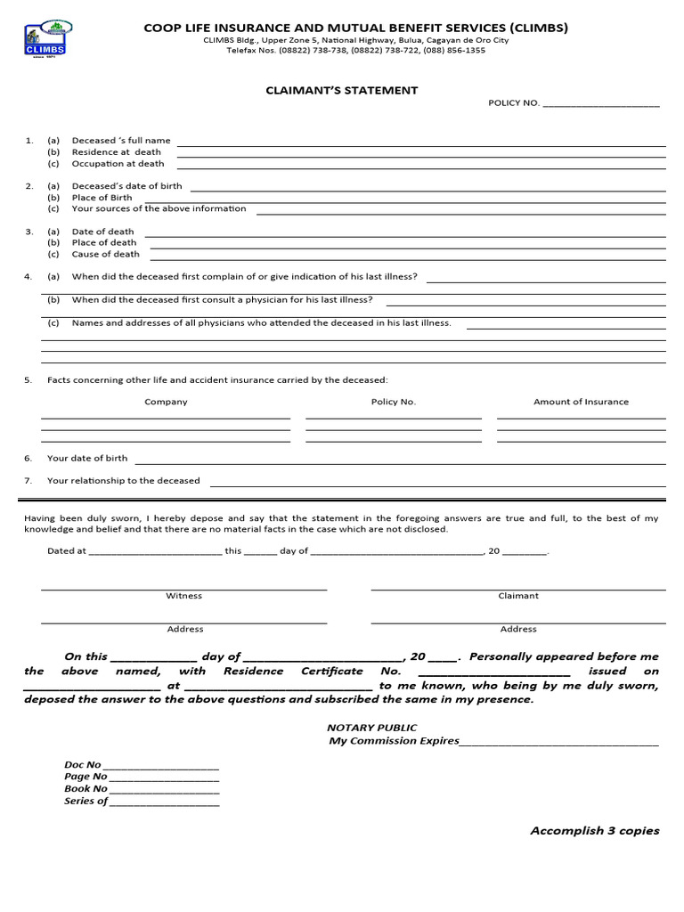 Claim Requirement - CLAIMANT'S STATEMENT | PDF