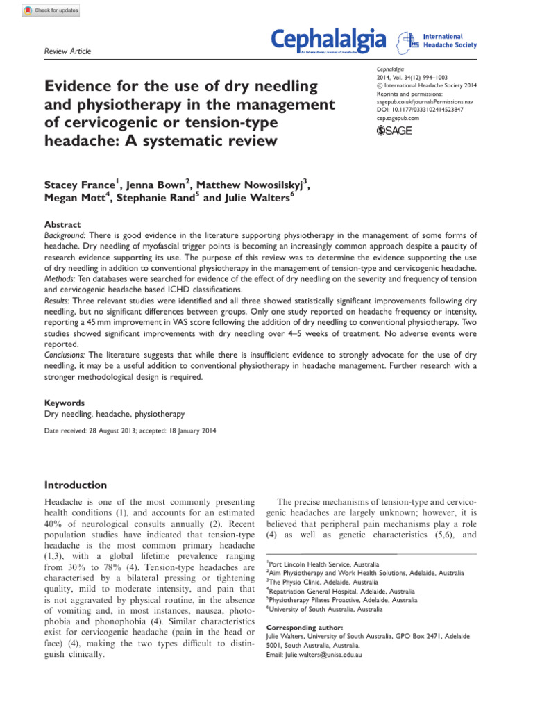 France Et Al 2014 Evidence For The Use of Dry Needling and ... France Et Al 2014 Evidence For The Use of Dry Needling and ...
