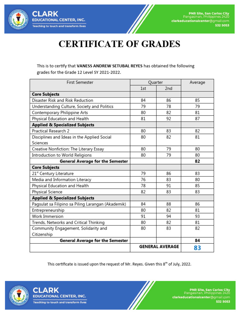 Certificate of Grades | PDF