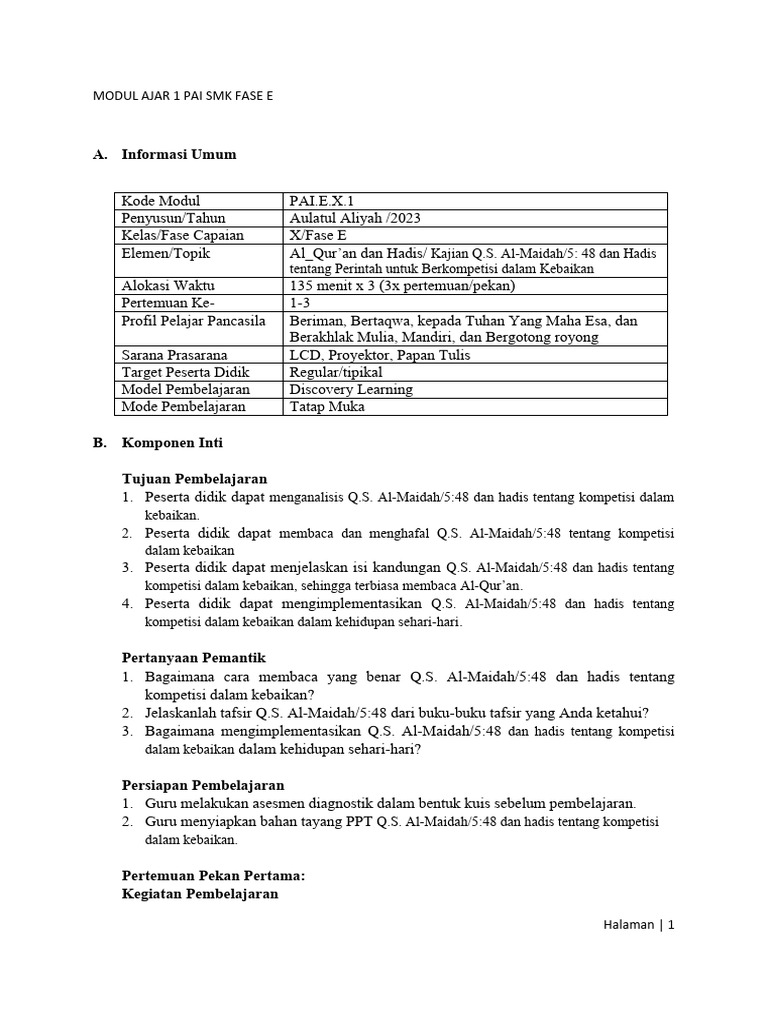 MODUL AJAR 1 PAI SMK KELAS X BAB 1 - Aulatul - Aliyah | PDF