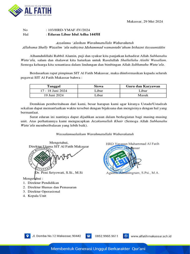 Surat Edaran Libur Idul Adha 2024 | PDF
