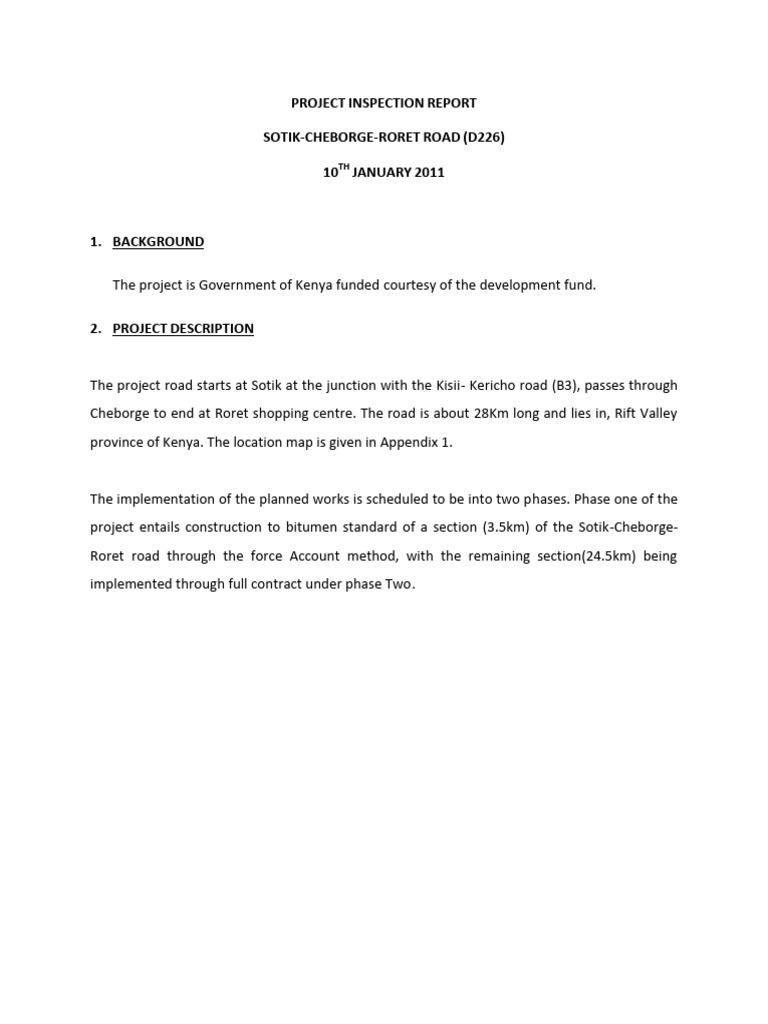 Project Inspection Report Sotik-Roret | PDF | Road | Engineering