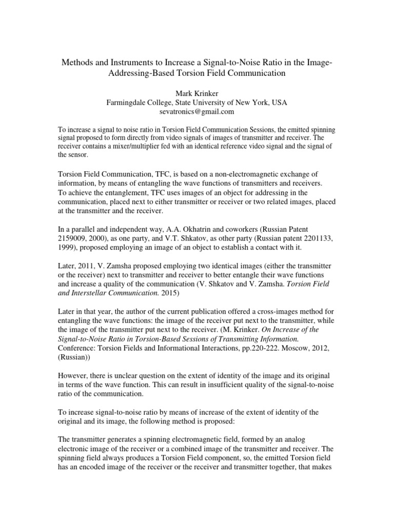 Methods and Instruments To Increase A Signal-to-Noise Ratio in The ImageAddressing-Torsion Field ...