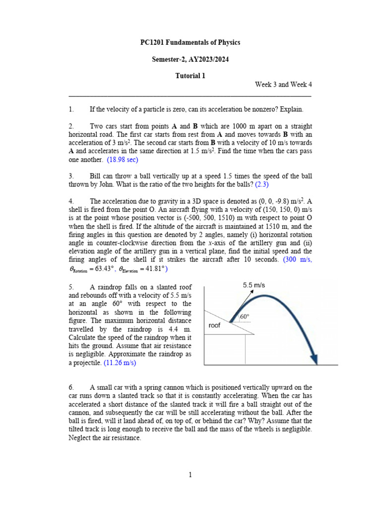 Tutorial Questions 1 (PC1201) Semester-2 2023-24 | PDF | Applied And ...