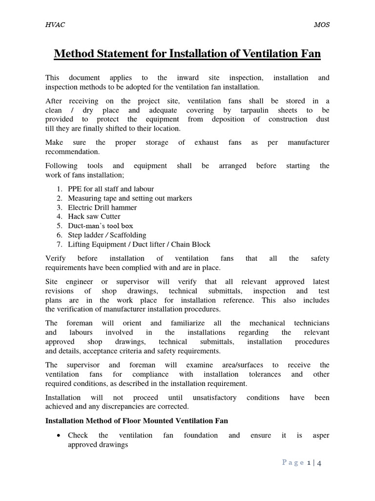 Method Statement For Installation of Ventilation Fan | PDF | Duct (Flow) | Electrical Connector