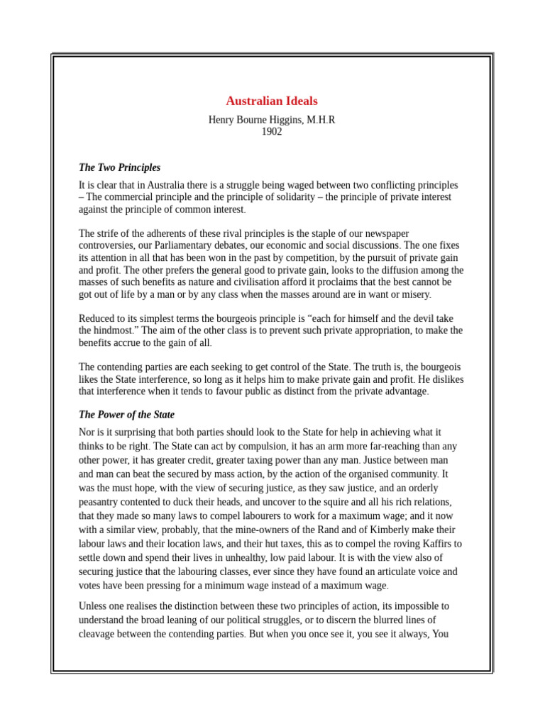 Australian Ideals H B Higgins | PDF