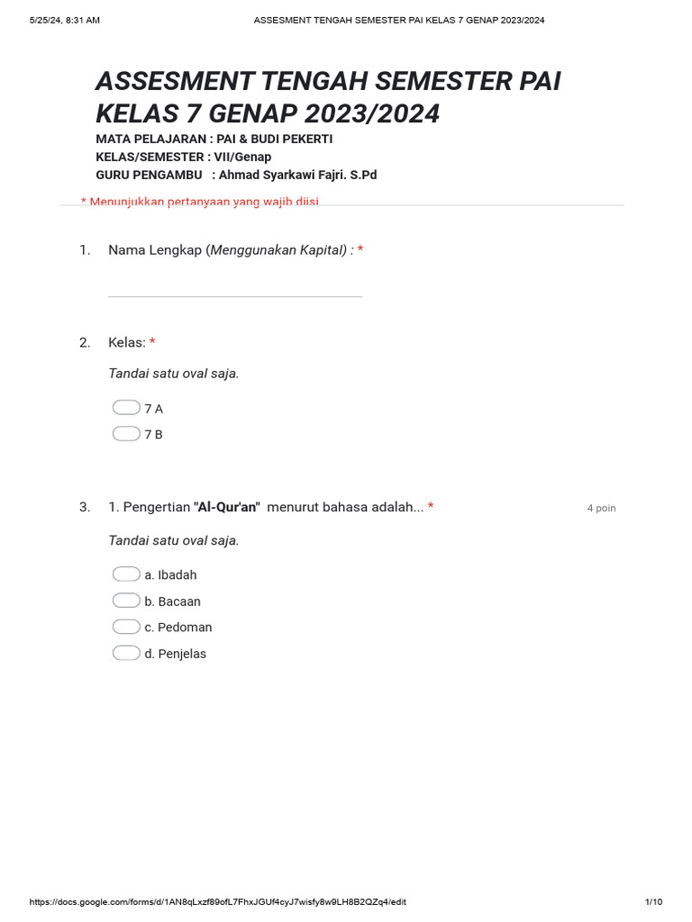 Assessment PAI Kelas 7 Genap 2023/2024 | PDF
