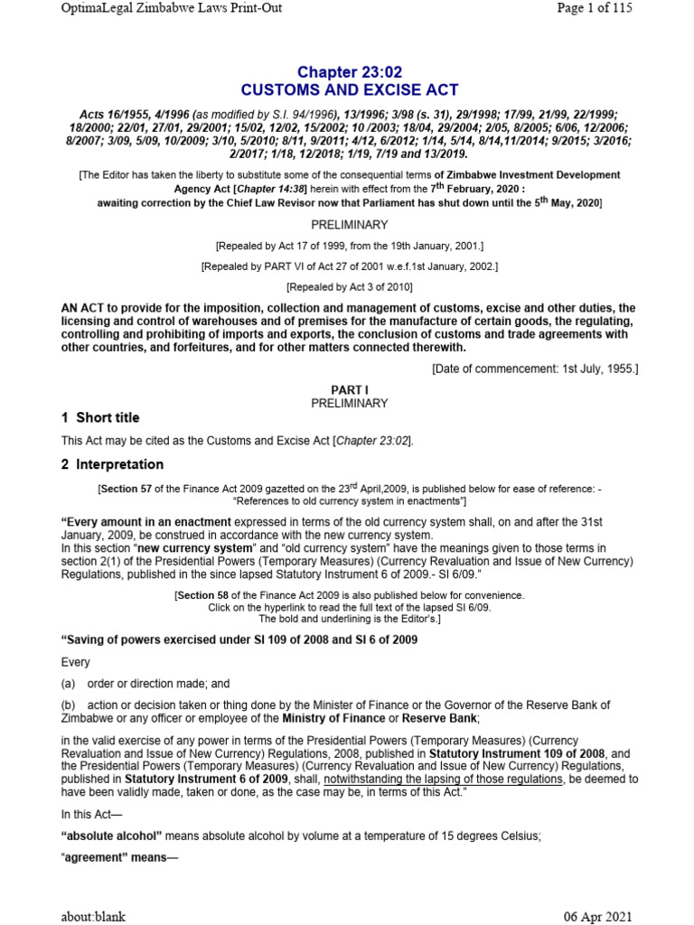 Zimbabwe Customs and Excise Act Overview | PDF | Gin | Alcoholic Beverages