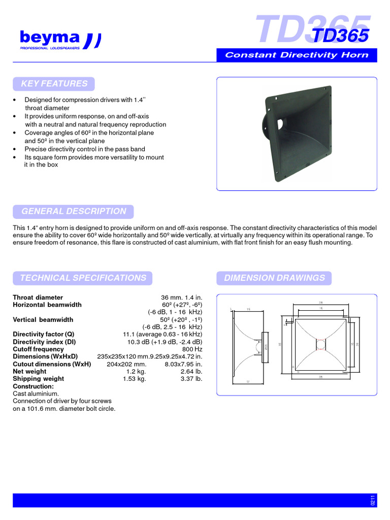 Beyma Speakers Data Sheet Horn TD365 | PDF | Hertz | Acoustics