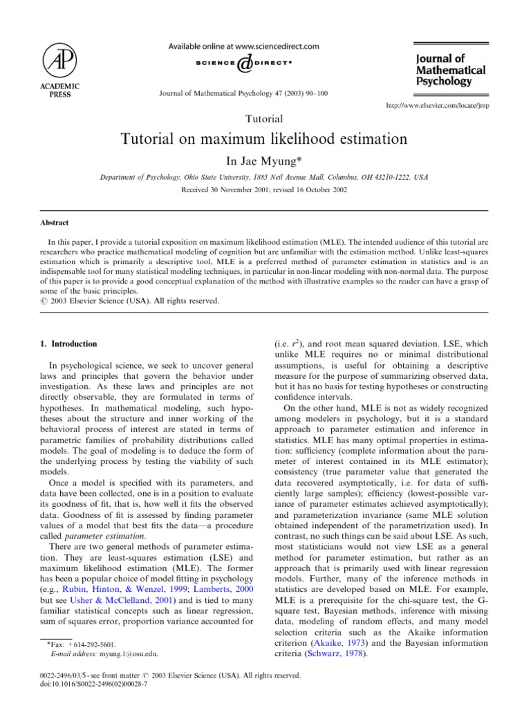Tutorial On Maximum Likelihood Estimation Pdf Estimation Theory