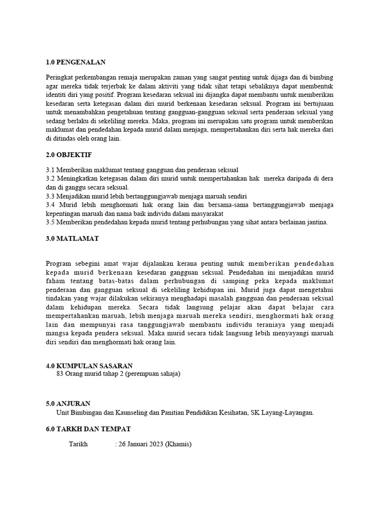 Kertas Kerja Program Kesedaran Seksual 2024 | PDF