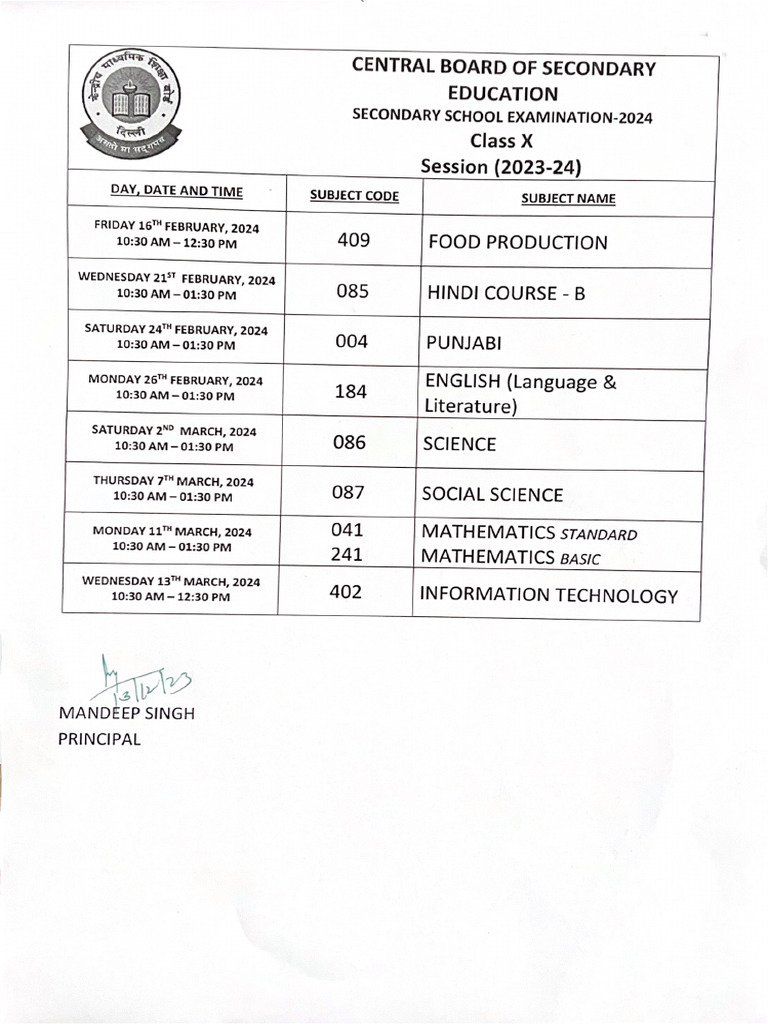 Class 10 CBSE Examination Datesheet 2023-24 | PDF