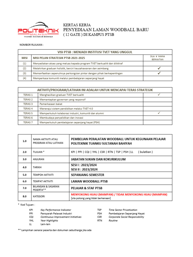 KERTAS KERJA PENYEDIAAN LAMAN WOODBALL BARU ( 12 GATE ) DI KAMPUS PTSB ...