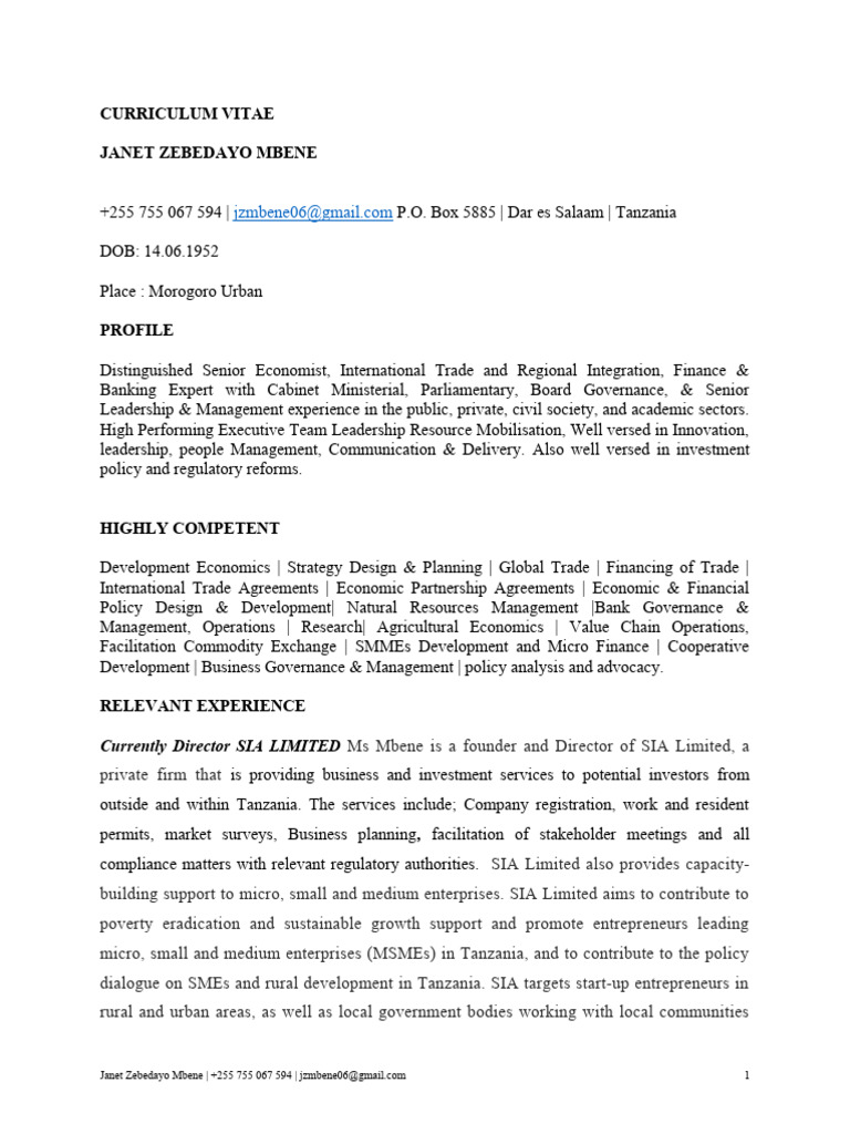 Janet Janet Zebedayo Mbene CV Latest 2023 Mbene CV Latest 2023 ...
