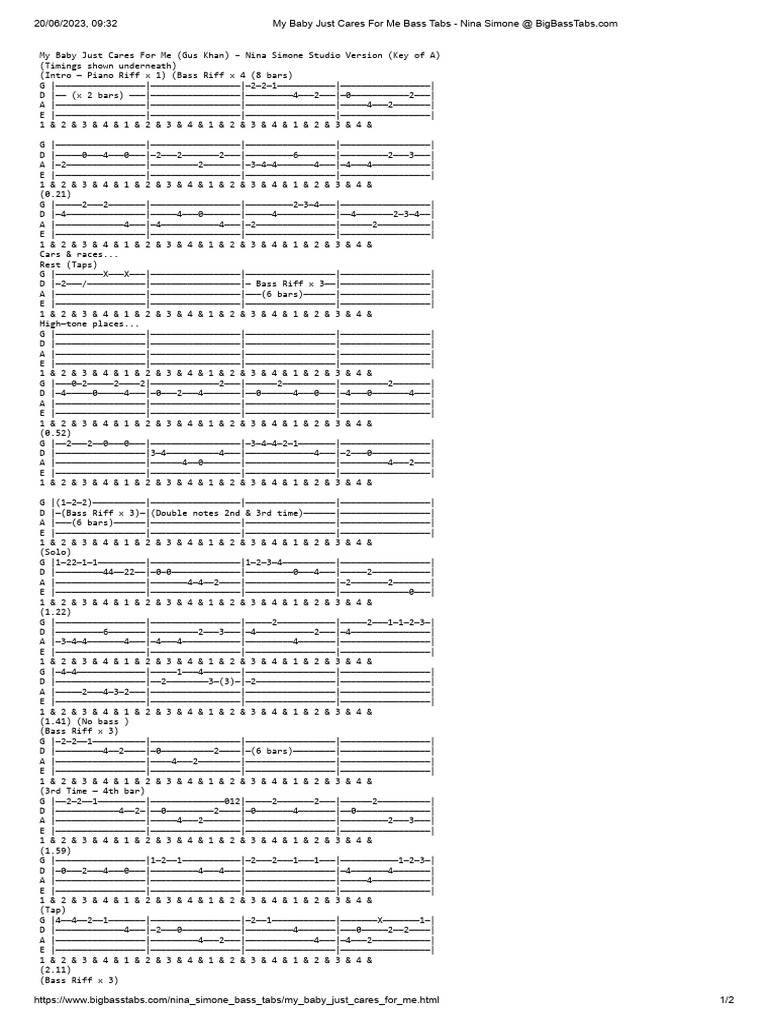 Nina Simone Bass Tabs: My Baby Just Cares | PDF | Elements Of Music ...