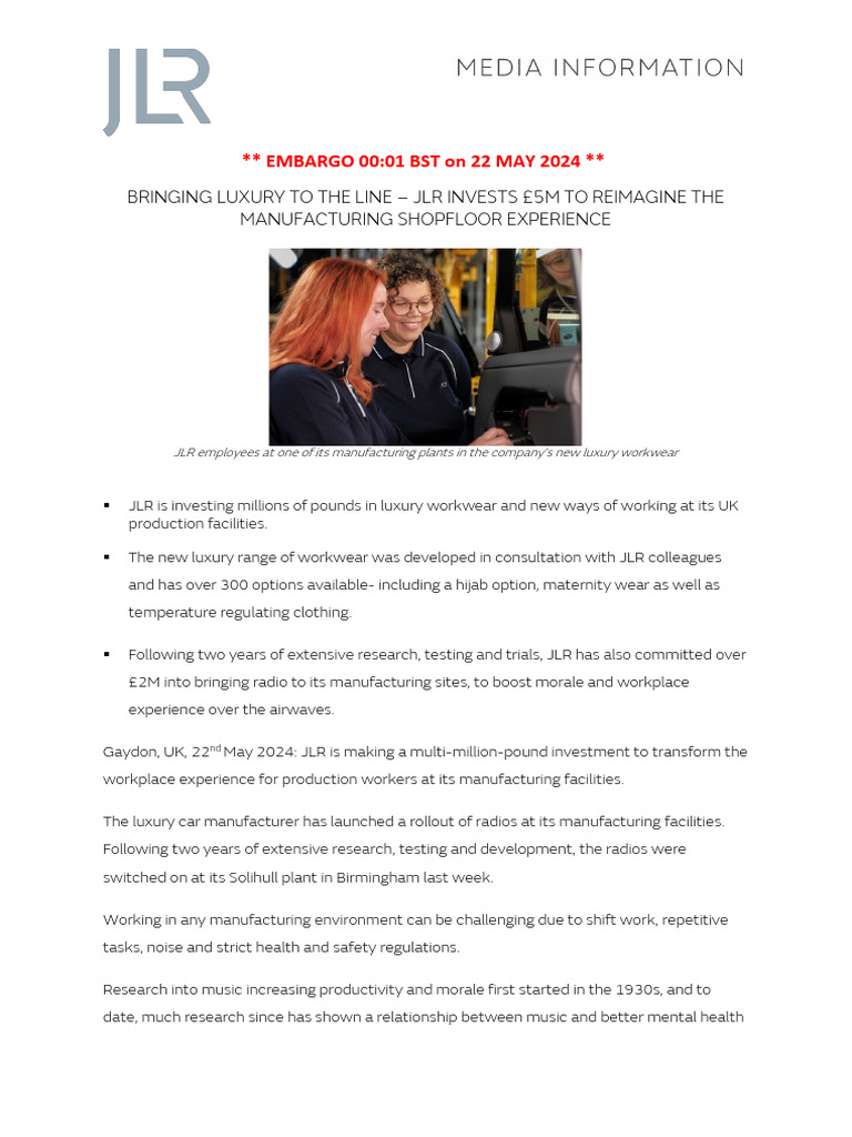 PRESS RELEASE Bringing Luxury To The Line - JLR Invests 5M To Reimagine ...